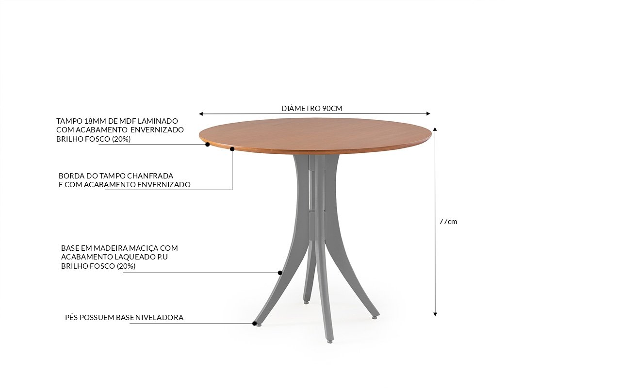 Mesa para 4 cadeiras Redonda Juliette 90cm Jatobá e Laca Cinza Concreto