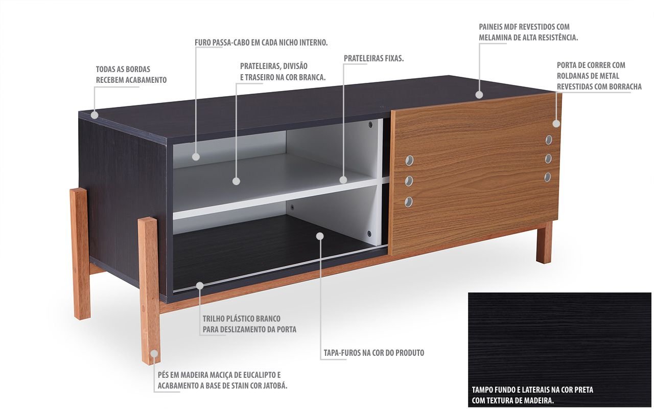 Rack Pequeno para TV Eric 120 cm MDF Preto e Freijó