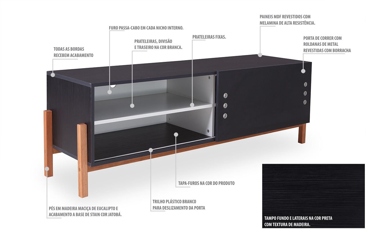 Rack Preto para TV Eric 140 cm MDF Preto