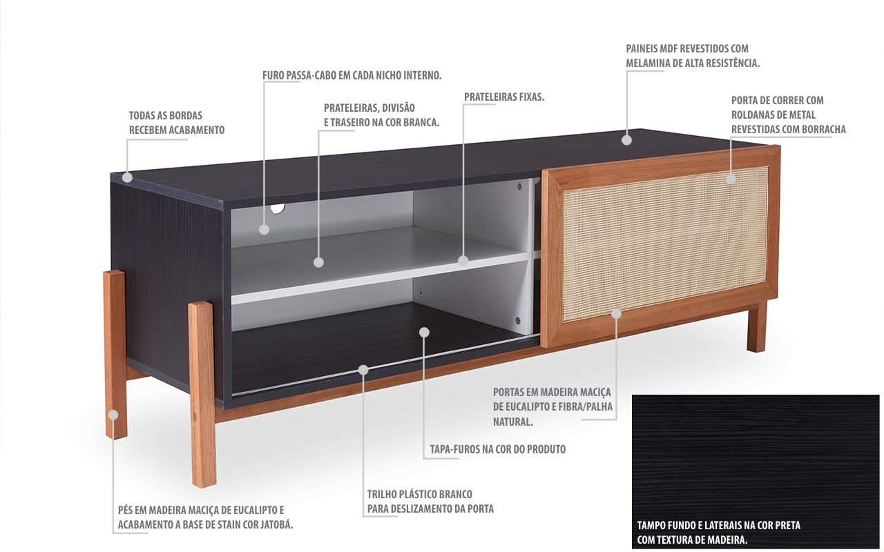 Rack Preto para TV Eric 140 cm MDF Preto e Madeira JT com Palhinha