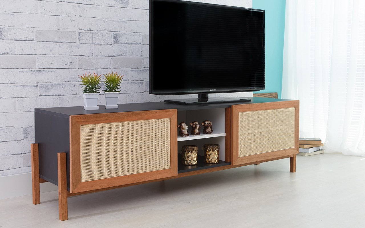 Rack Moderno para Sala de Tv Eric 160 cm MDF Preto e Madeira JT com ...