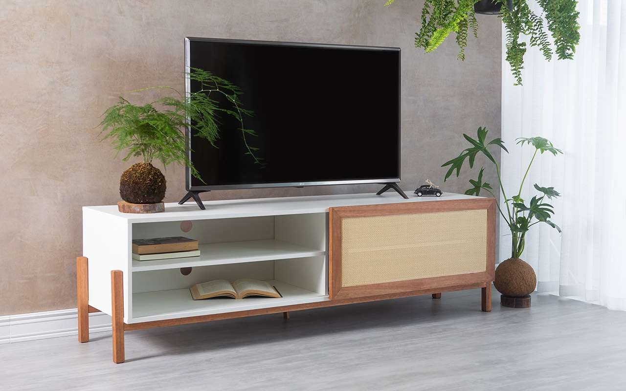 Rack de TV para Sala Branco Eric 160 cm MDF Branco e Madeira JT com ...