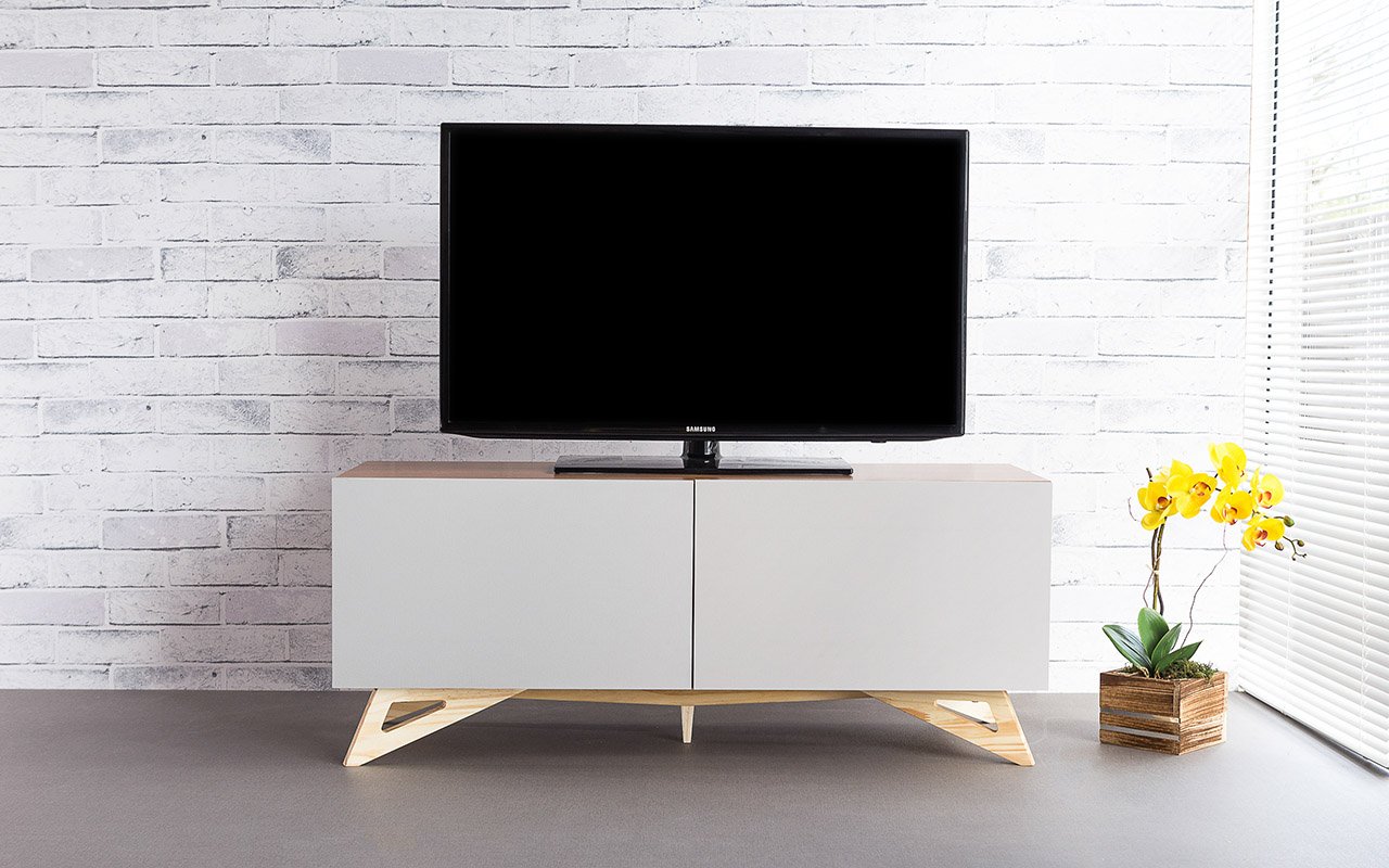 Rack TV Moderno com 2 Portas Freddie 120 cm MDF Freijó e Cinza