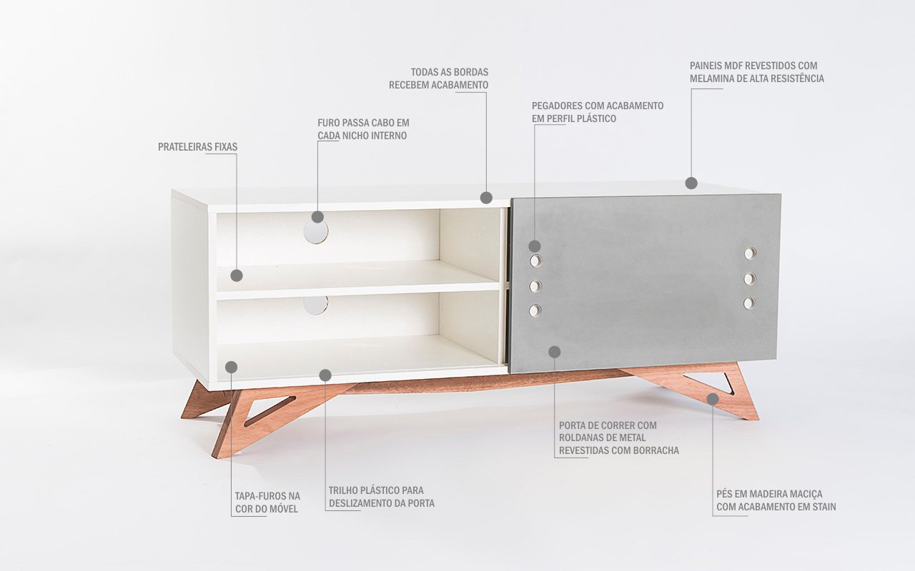 Rack TV Moderno Branco Freddie 120 cm MDF Branco e Cinza