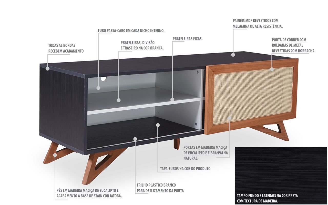 Rack de TV Preto Freddie 140 cm MDF Preto e Madeira JT com Palhinha