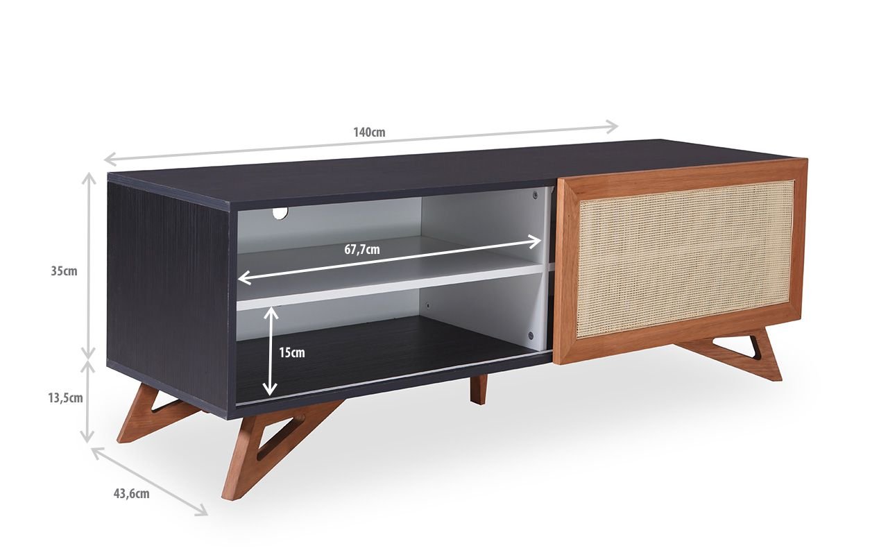 Rack de TV Preto Freddie 140 cm MDF Preto e Madeira JT com Palhinha