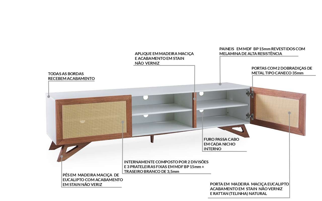 Rack de Sala Branco com Portas Freddie 180 cm MDF Branco e Madeira JT ...