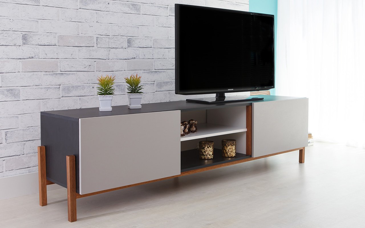 Rack TV Moderno para Sala Eric 180 cm MDF Preto e Cinza