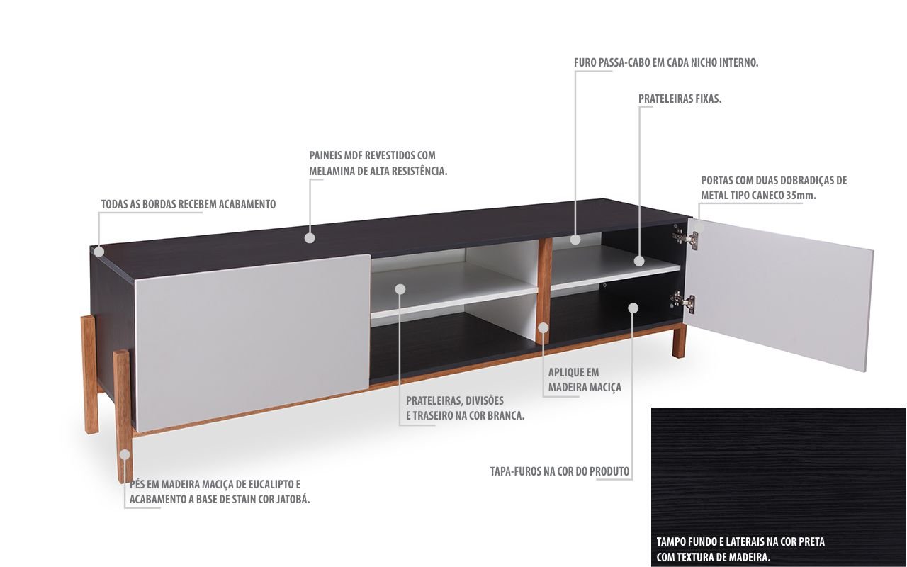Rack TV Moderno para Sala Eric 180 cm MDF Preto e Cinza