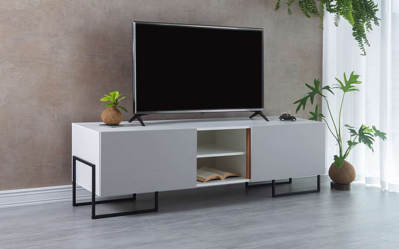 Rack 2 Portas Estilo Industrial Crosby 160 cm MDF Branco e Cinza