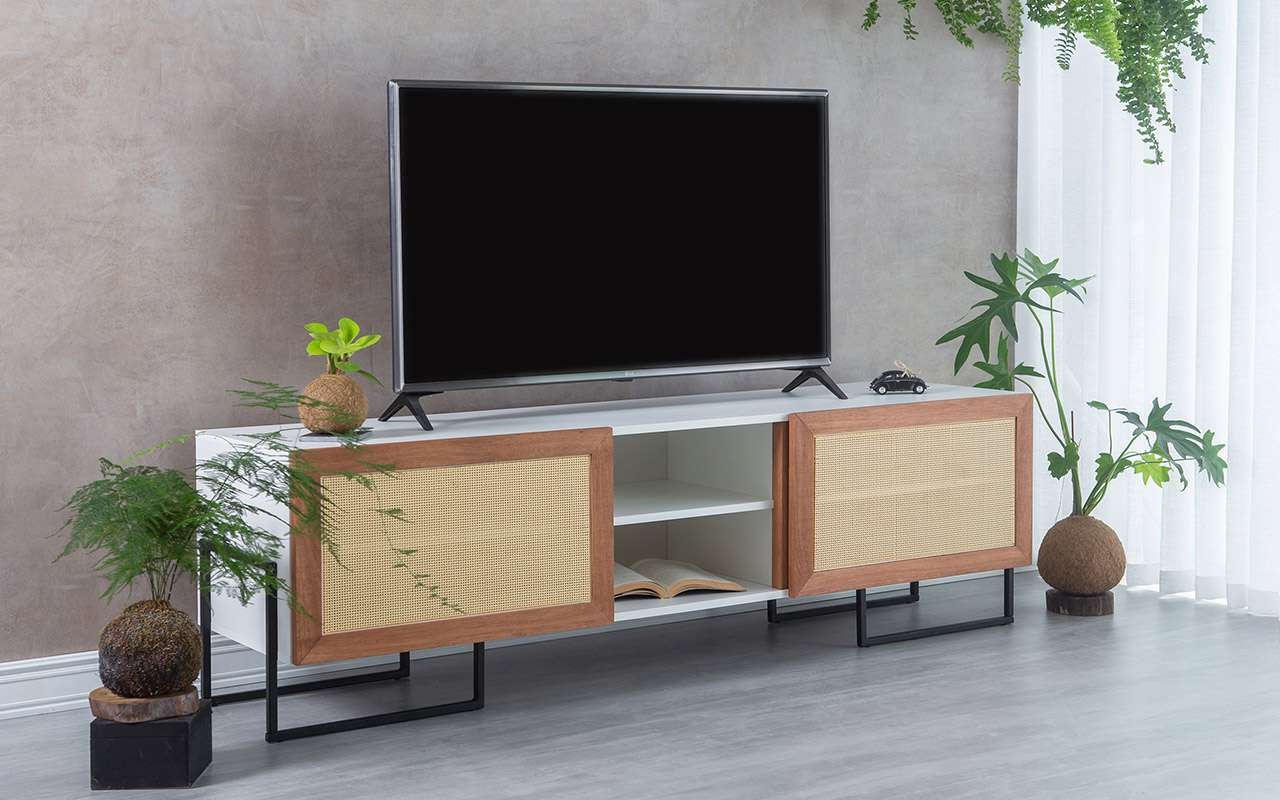 Rack 2 Portas Estilo Industrial Crosby 160 cm MDF Branco e Madeira JT ...