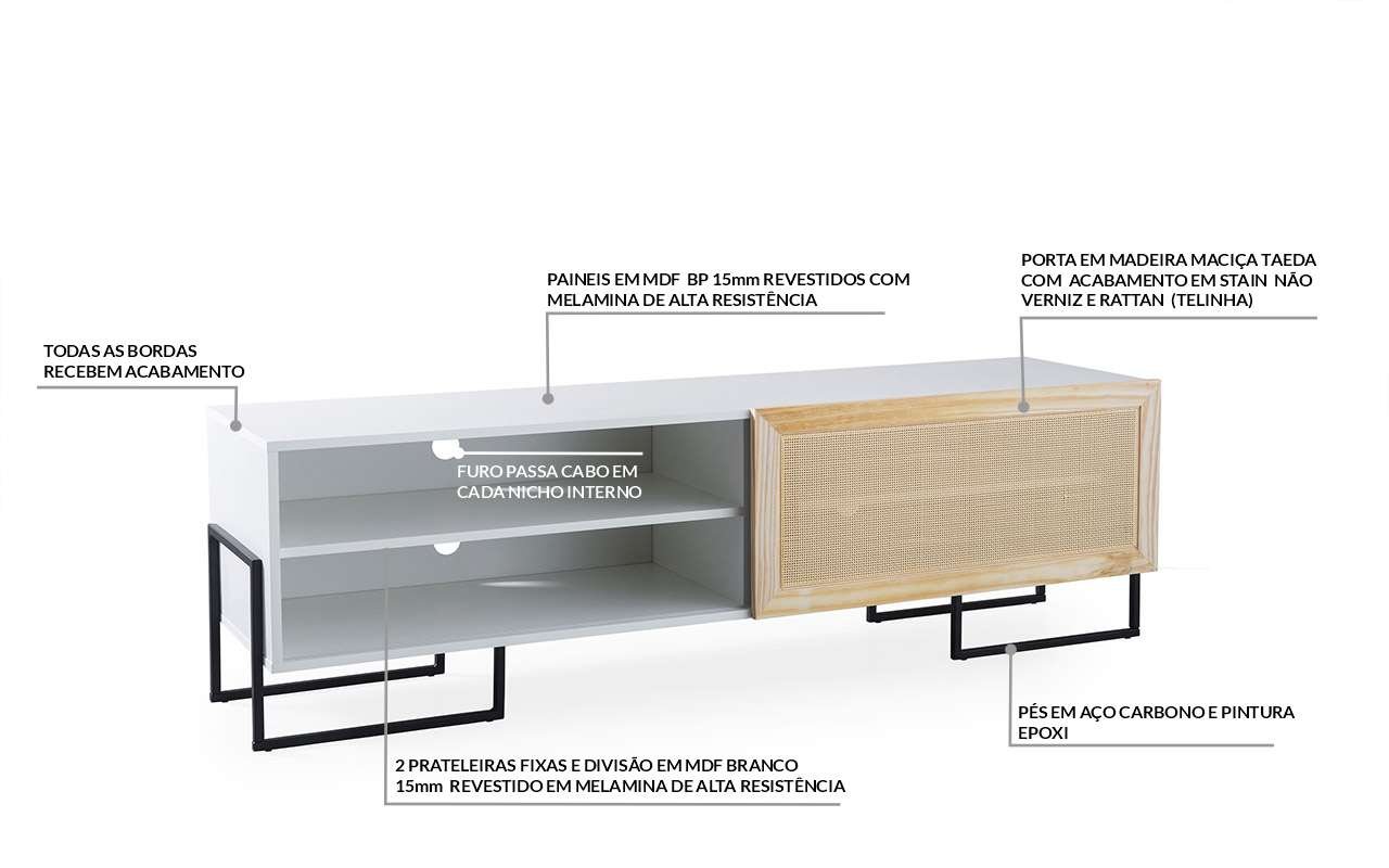 Rack TV Branco com Porta de Correr Pés Metal Crosby 160 cm MDF Branco e ...