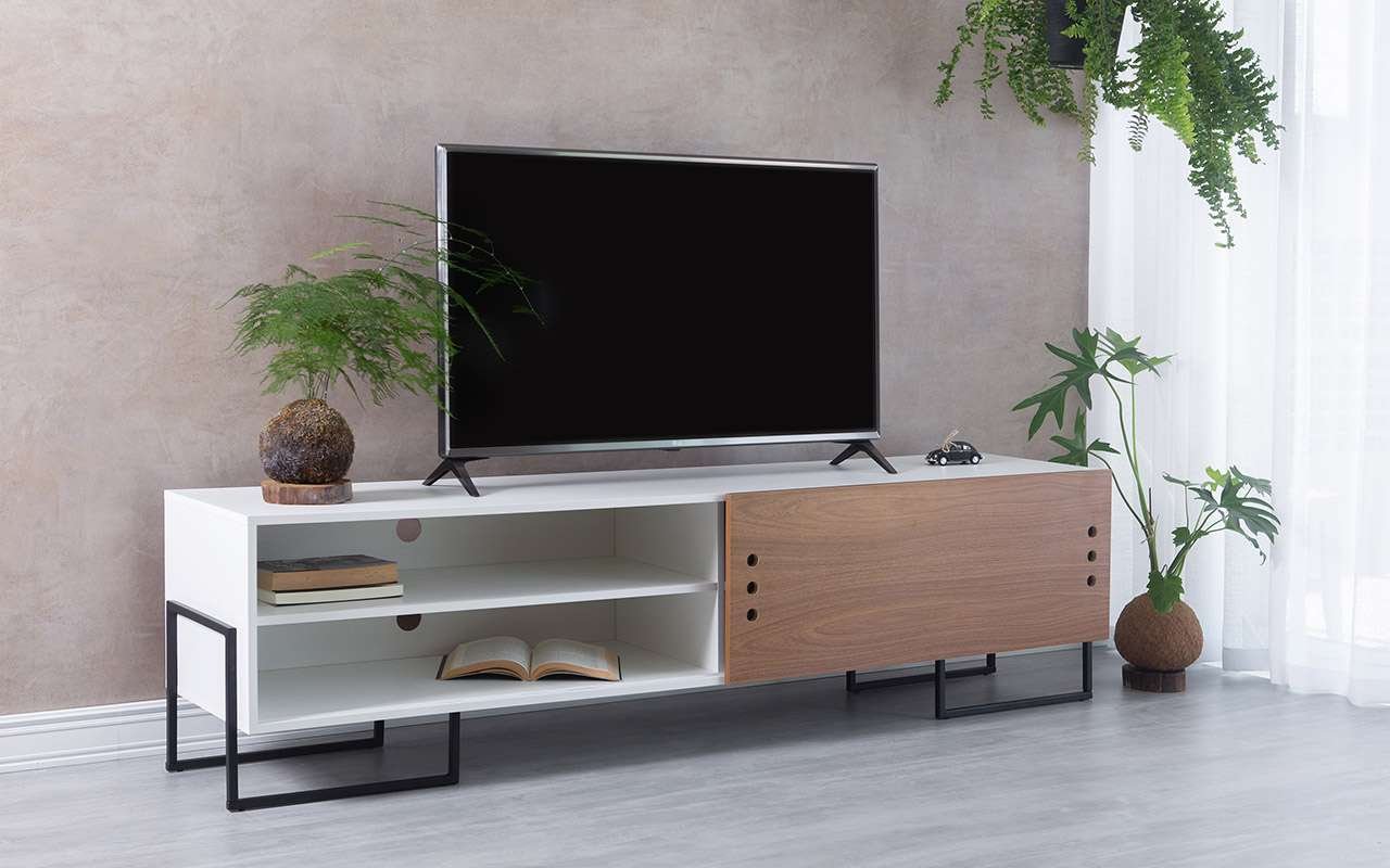 Rack Branco Moderno com Pés de Metal Crosby 180 cm MDF Branco e Freijó