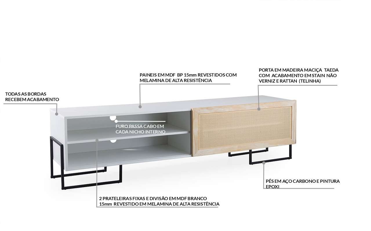 Rack Branco Moderno com Pés de Metal Crosby 180 cm MDF Branco e Madeira ...