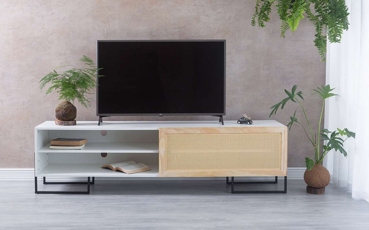 Rack Branco Moderno com Pés de Metal Crosby 180 cm MDF Branco e Madeira ...