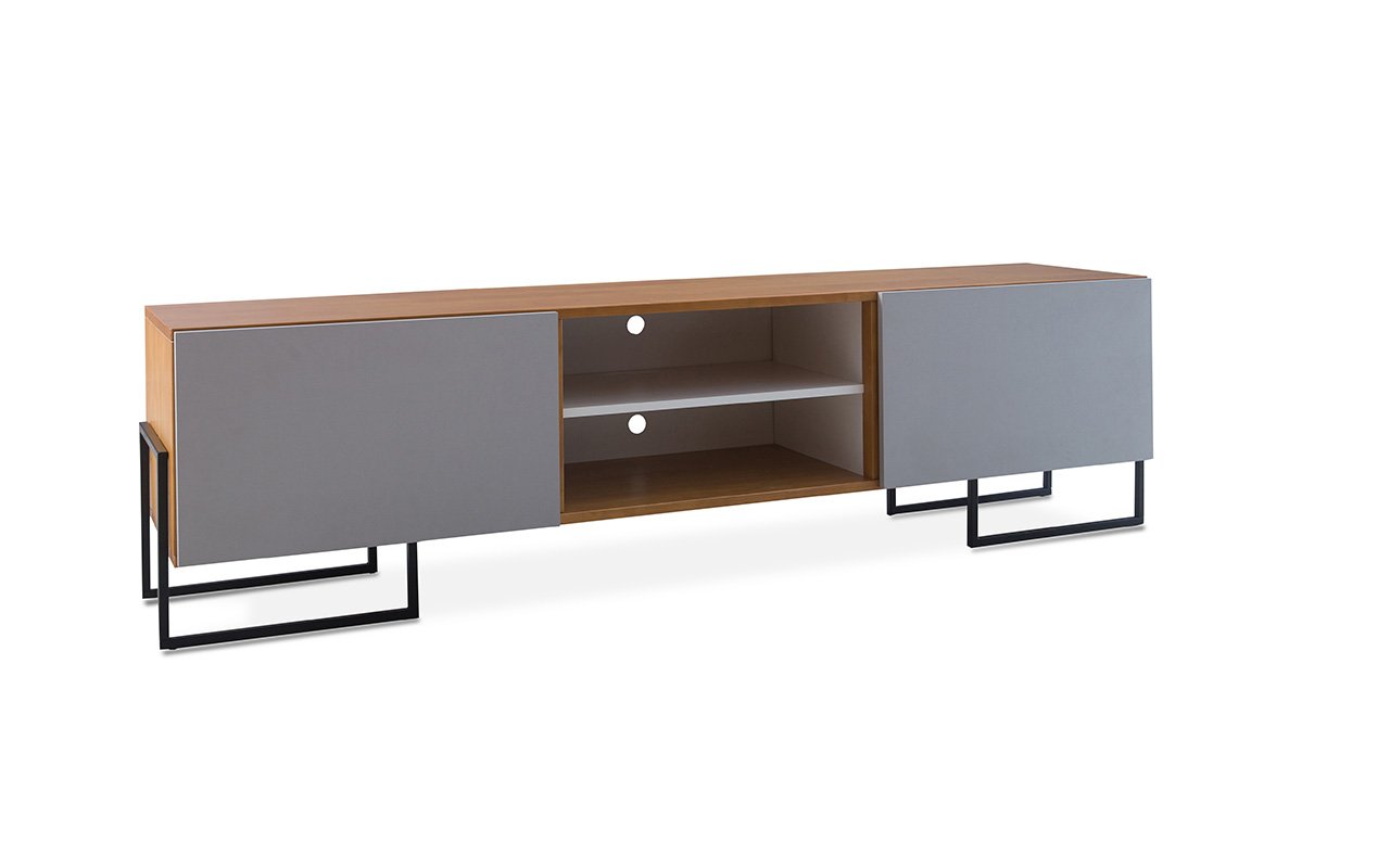 Rack TV com Pés de Metal 2 Portas Crosby 180 cm MDF Freijó e Cinza