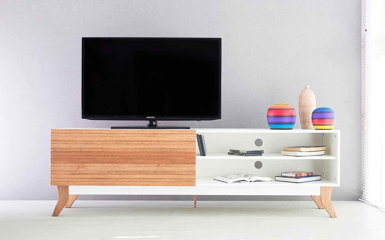 Rack para Televisão Porta de Correr Vintage 180 cm MDF Branco e Madeira JT