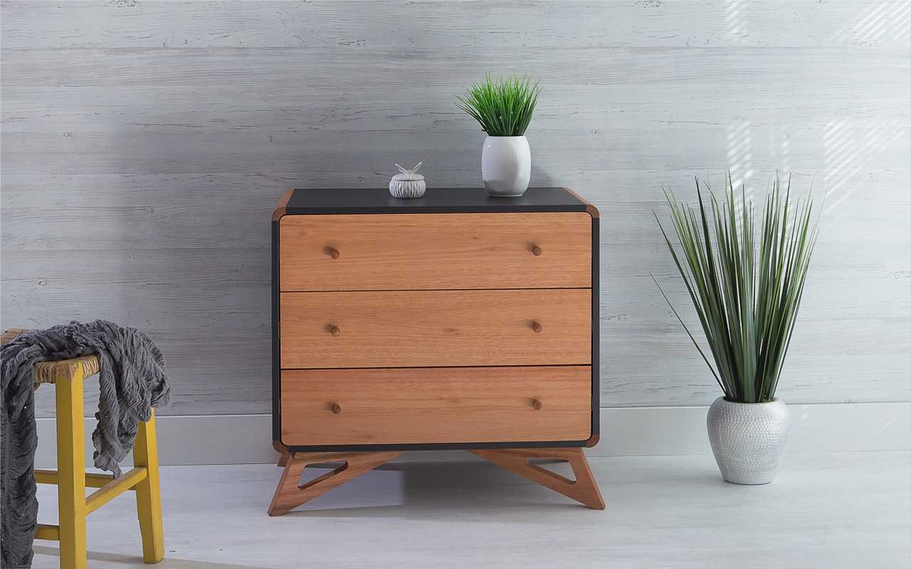 Cômoda Pequena de Madeira 3 Gavetas Presley MDF Preto e Madeira JT