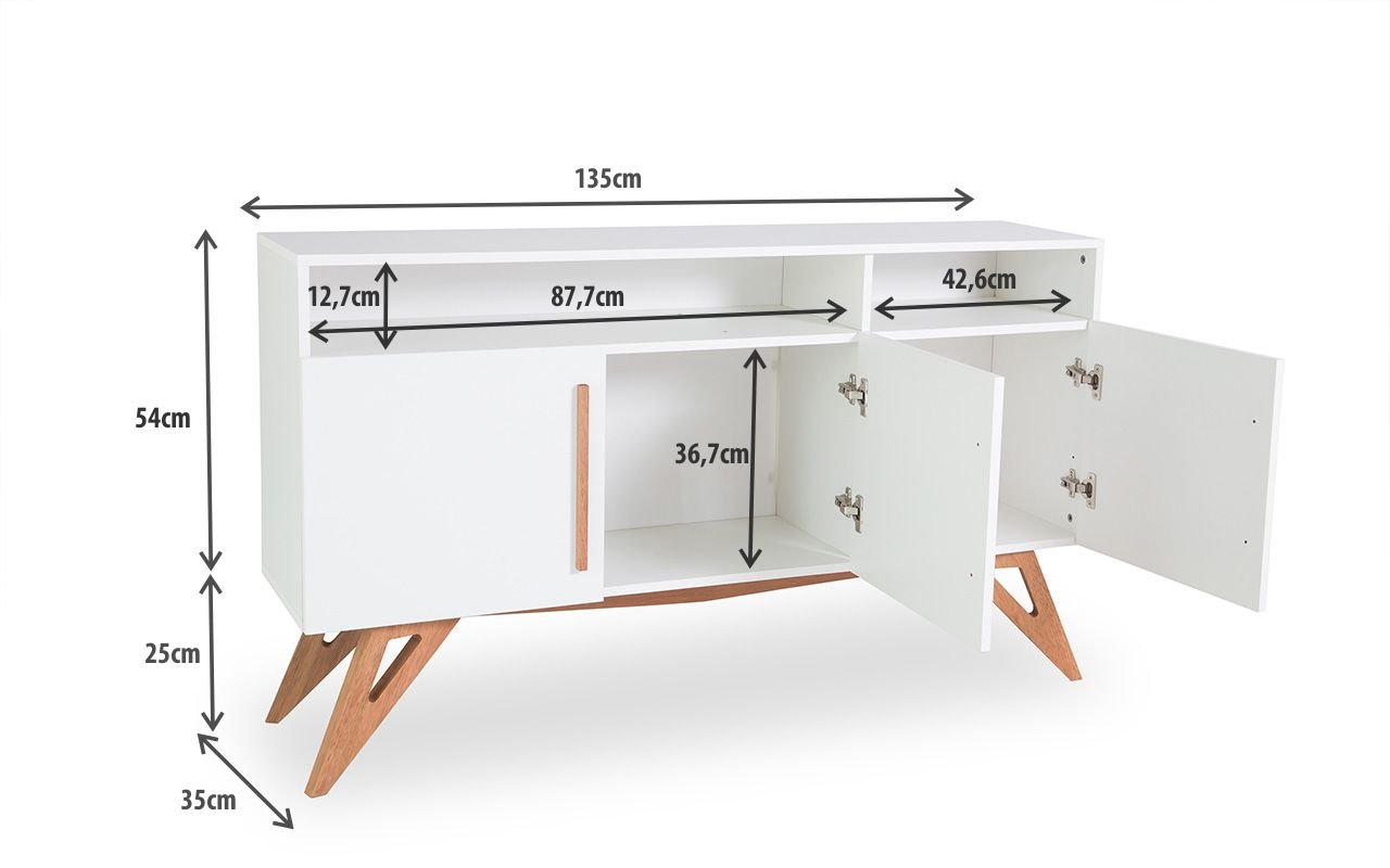 Armário Buffet para Sala Moderno 3 Portas e Nichos Freddie MDF Branco