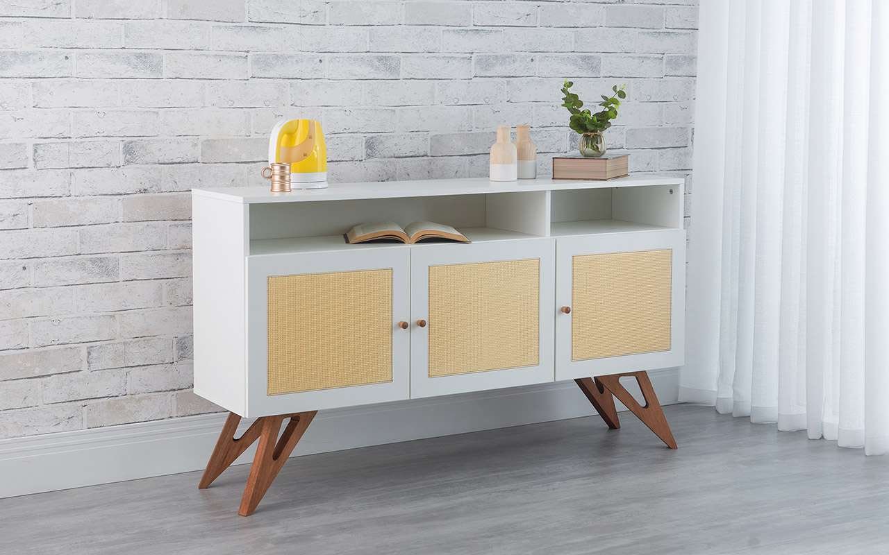 Armário Buffet para Sala Moderno 3 Portas e Nichos Freddie MDF Branco e ...