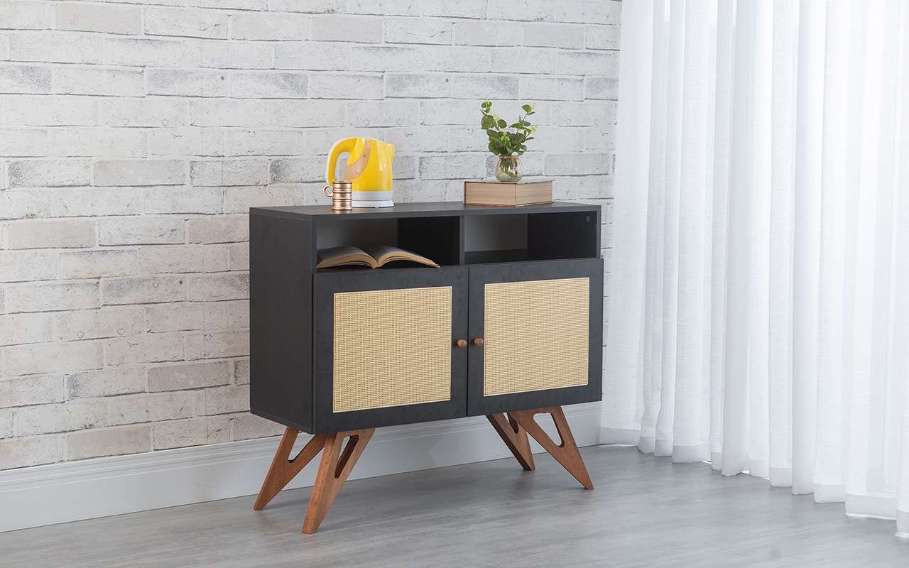 Armário Buffet 2 Portas com Nicho Freddie MDF Preto e Madeira JT com ...