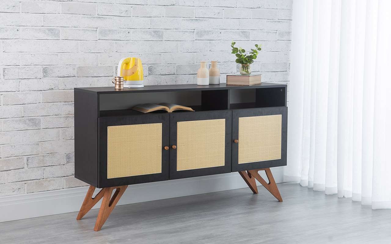Armário Buffet 3 Portas e Nichos Freddie MDF Preto e Madeira JT com ...