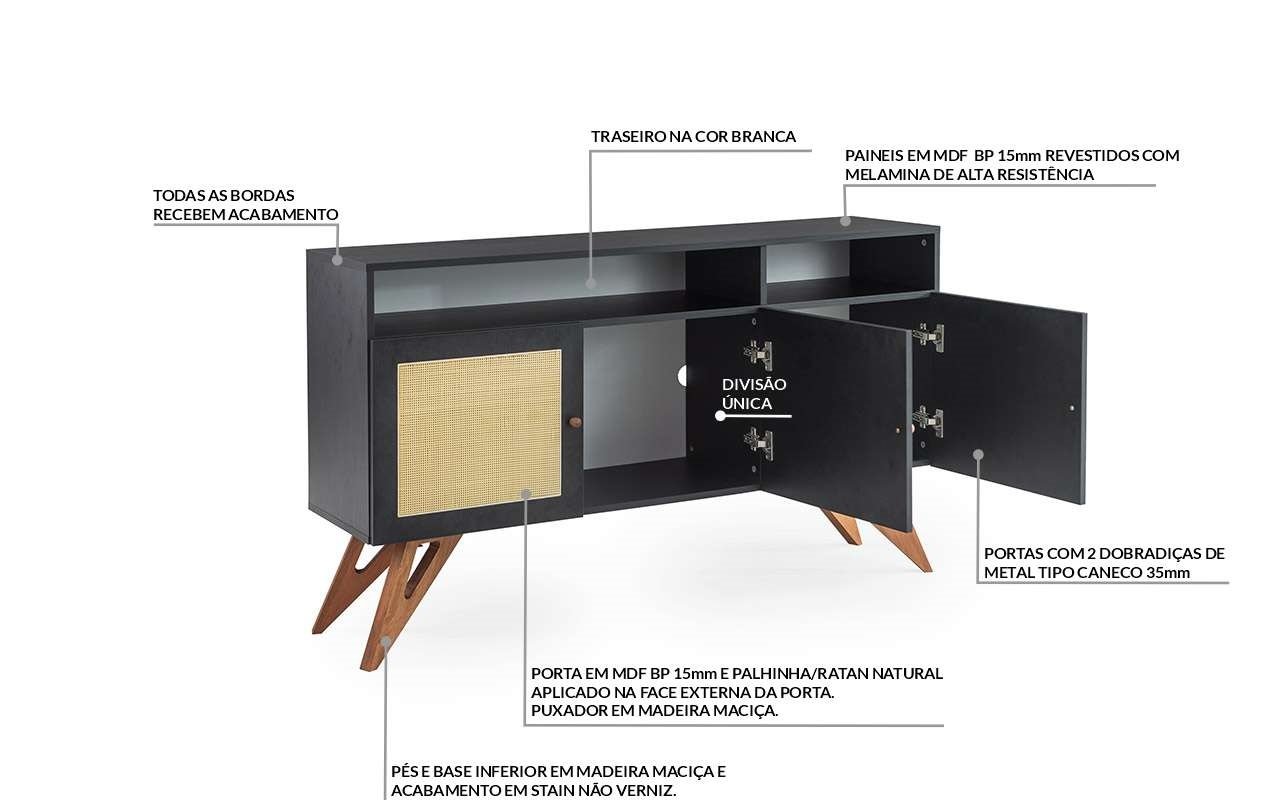Armário Buffet 3 Portas e Nichos Freddie MDF Preto e Madeira JT com ...