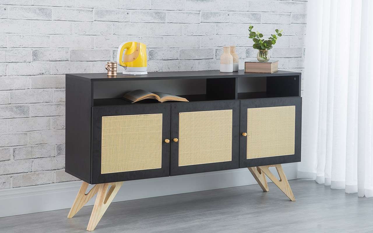 Armário Buffet 3 Portas e Nichos Freddie MDF Preto e Madeira Natural ...
