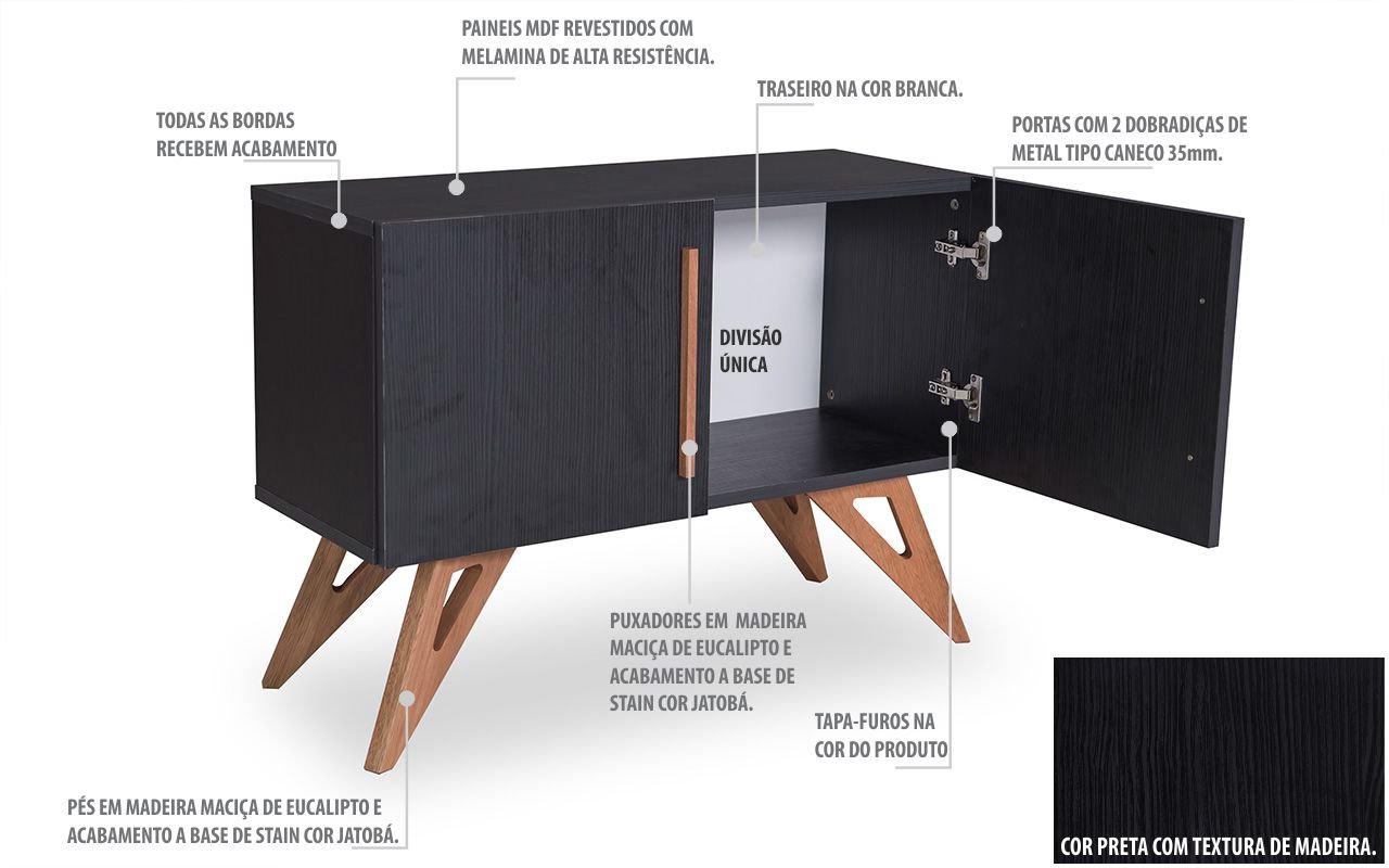 Armário Buffet para Sala de Jantar 2 Portas Freddie MDF Preto