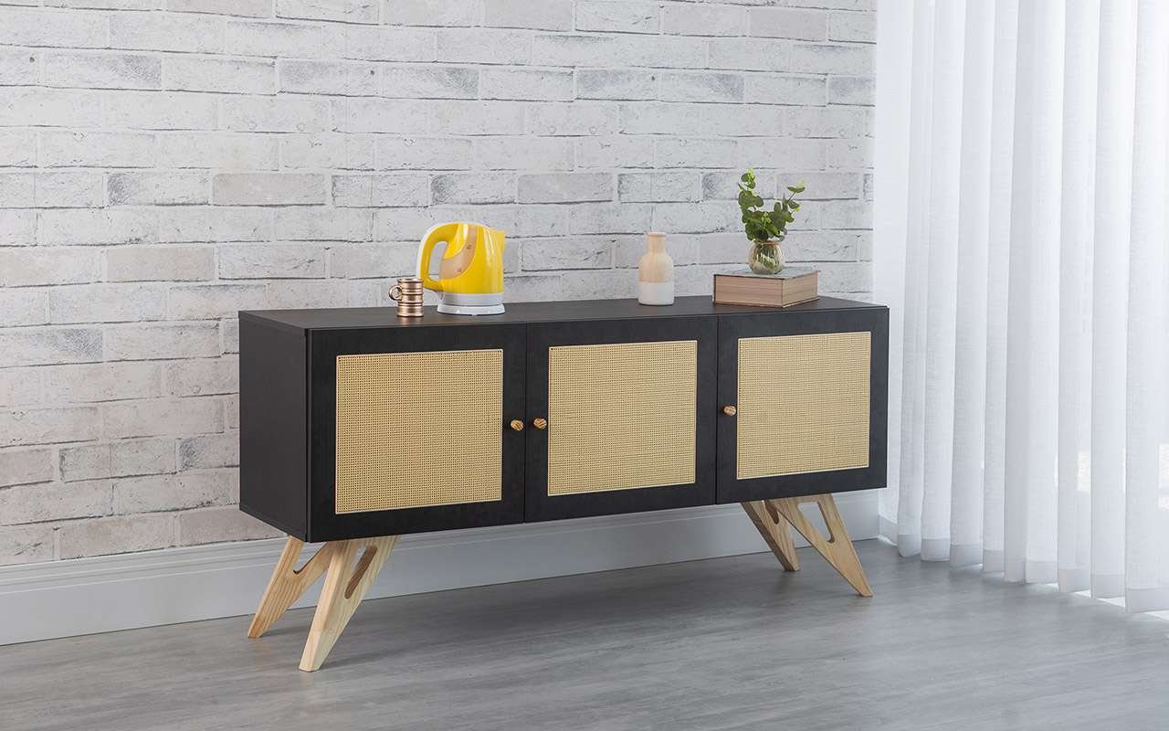 Armário Buffet para Sala de Jantar 3 Portas Freddie MDF Preto e Madeira ...