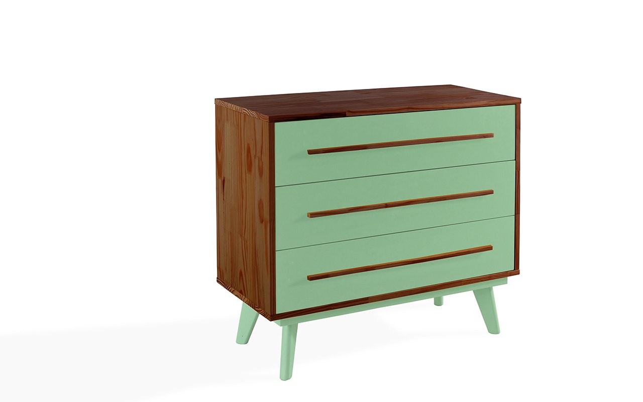 Cômoda Pequena 3 Gavetas Celeste Verniz Capuccino e Laca Verde Sálvia